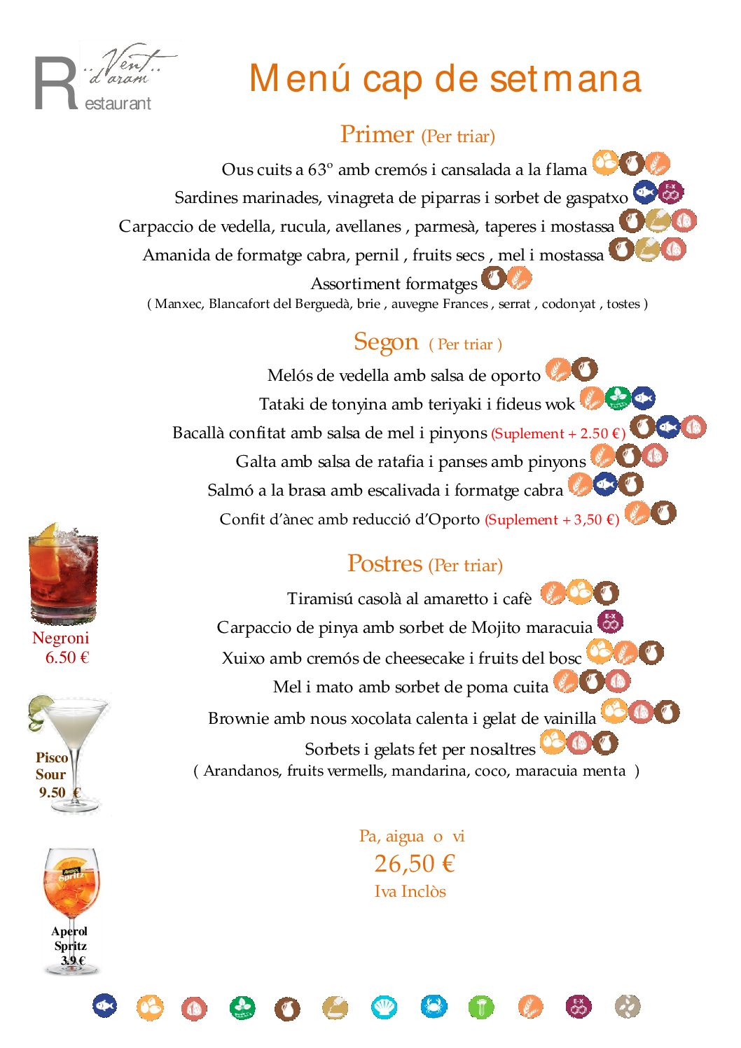 Menú cap de setmana 26,50 € – Restaurant Vent d'Aram