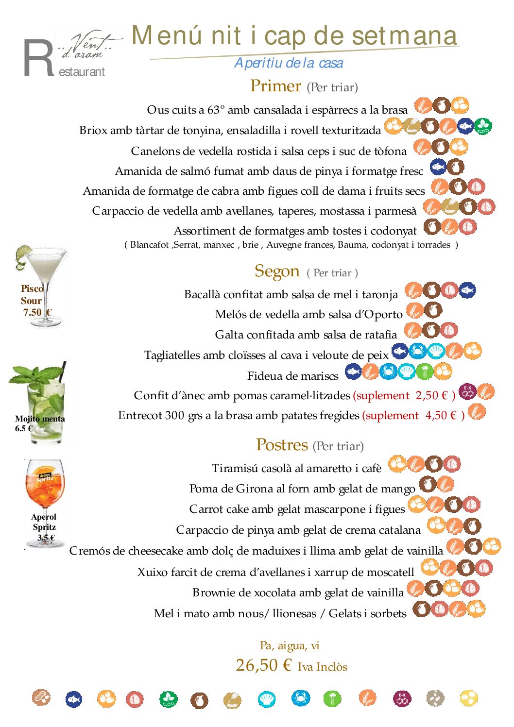 Menú cap de setmana 26,50 € – Restaurant Vent d'Aram